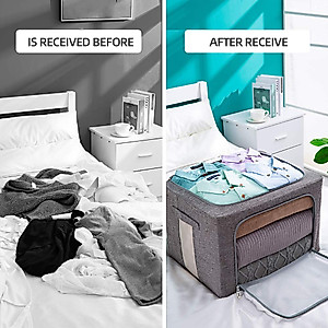 FHSQX Clothes Storage Bins,Foldable Clothing Storage Box,Stackable Steel Frame Oxford Fabric Organizer with Clear Window & Carry Handles (Beige, (15.7 * 12 * 8) x2)