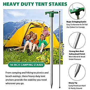 Eurmax USA Galvanized Non-Rust Camping Family Tent Pop Up Tent Stakes Canopy Anchors Heavy Duty 10pc-Pack, with 4x10ft Ropes & 1 Green Stopper