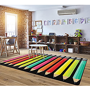 Flagship Carpets Schoolgirl Style Stylish Black & White Brights Pencil Classroom Area Rug for Indoor Classroom Learning or Kid Bedroom Educational Play Mat, 7'6" x 12', Multi