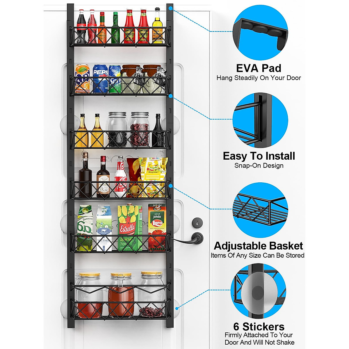 Fulpower Over the Door Pantry Organizer, 6+1 Pantry Door Organizer with Adjustable Basket, Metal Spice Rack Storage for Kitchen Pantry Black (Black 6 Tier)