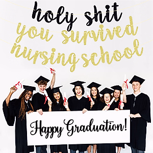 Nursing School Survivor Banner, Future Nurse, Straight Outta Nursing School, Congrats Nurse Graduation Party Decorations Black and Gold Glitter, Congrats Grad 2024