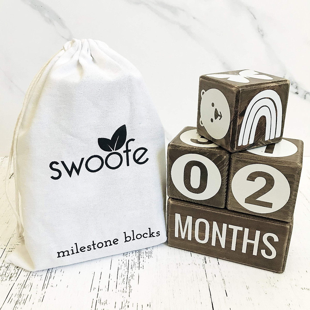 SWOOFE Baby Milestone Age Blocks for Boy or Girl - Non Toxic Natural Rustic Walnut Pine Wood - Milestone Blocks Set - Weekly Monthly First Year Picture Newborn Photography Prop, Perfect Shower Gift