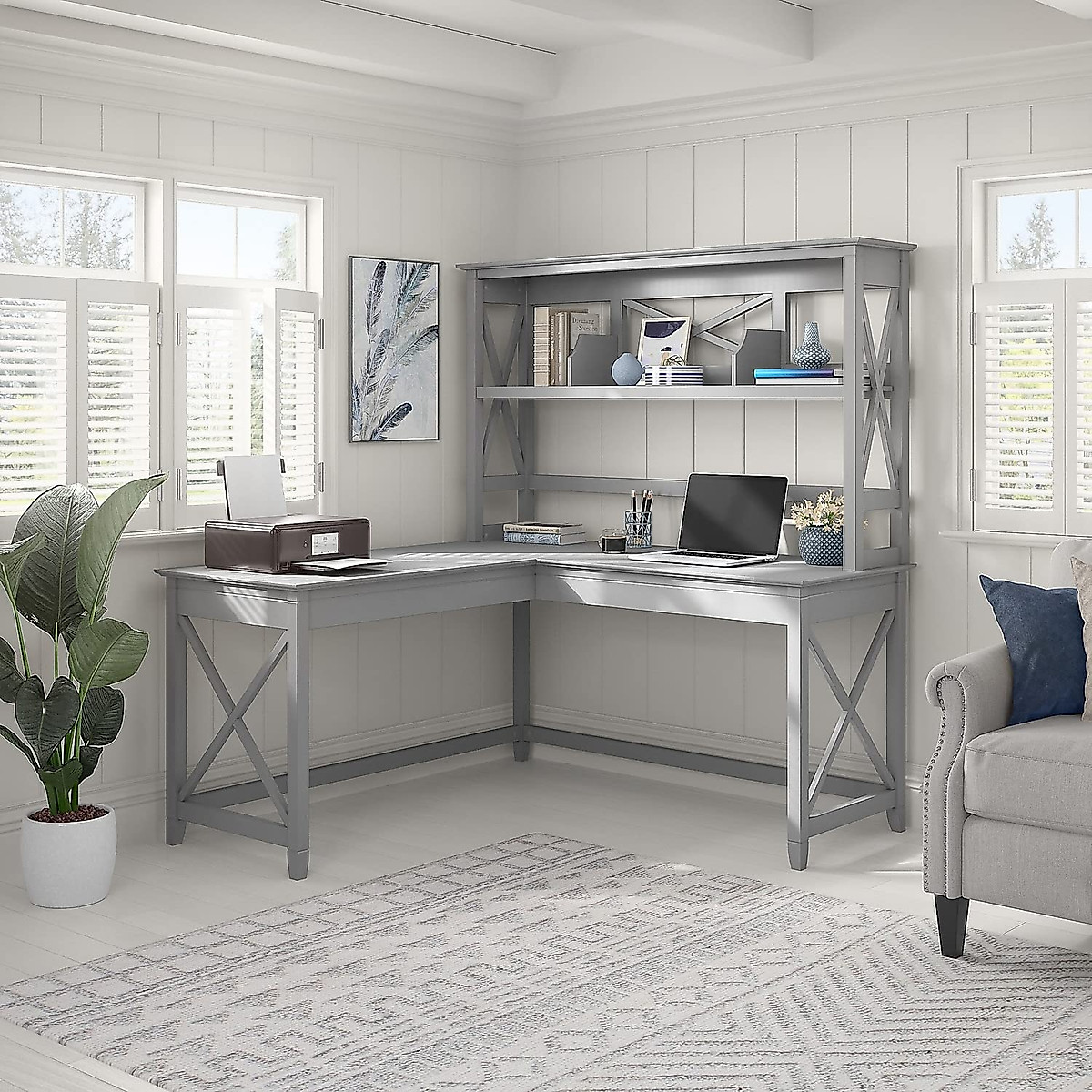 Bush Furniture Key West L Shaped Desk with Hutch, 60W, Cape Cod Gray