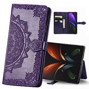 for Samsung Galaxy Z Fold 5 Case,Samsung Z Fold 5 Wallet Case,Flip Case PU Leather Emboss Henna Floral Mandala Flowers Folio Magnetic Kickstand Cover Card Slots for Samsung Galaxy Z Fold 5 Purple