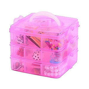 DJUNXYAN 3-Tier 18 Sections Transparent Stackable Adjustable Compartment Slot Plastic Craft Storage Box Organizer For Toy Desktop Jewelry Accessory Drawer Or Kitchen 4 Colors 3 Sizes (Medium Pink)