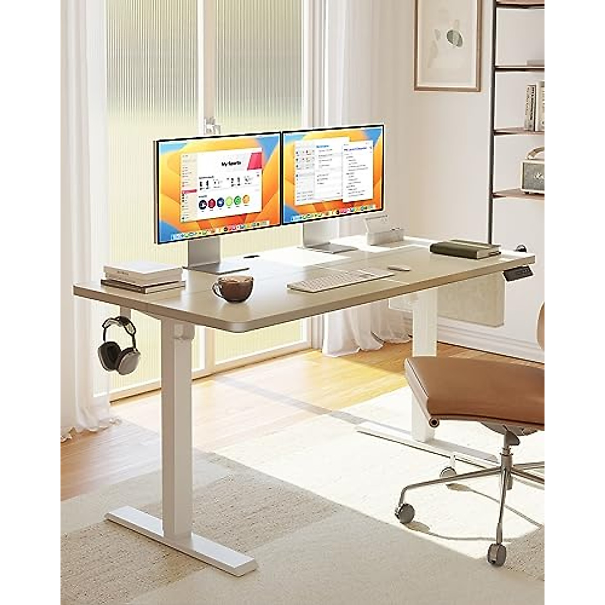 ErGear Standing Desk with Storage Pocket, 48 x 24 inch Height-Adjustable Standing Desk, Electric Standing Desk Workstation with Height Memory Presets for Home & Office, Natural Wood