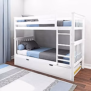 Max & Lily Bunk Bed, Twin-Over-Twin Wood Bed Frame For Kids With Trundle, White