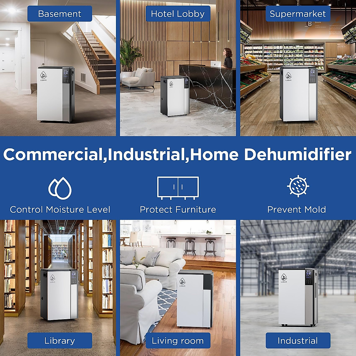 LUBAIR 190 Pint Commercial Dehumidifier for Basement with Drain Hose Dehumidifier for Large Room and 2.4 Gal Water Tank for Commercial Spaces to 7000 Sq.Ft.Auto Defrost.