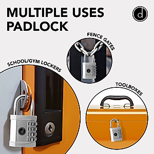 Padlock 4 Digit Combination Lock - for Gym School Locker, Outdoor Gate, Shed, Fence, and Storage - Weatherproof Metal - Keyless, Easy to Set, Resettable - Silver