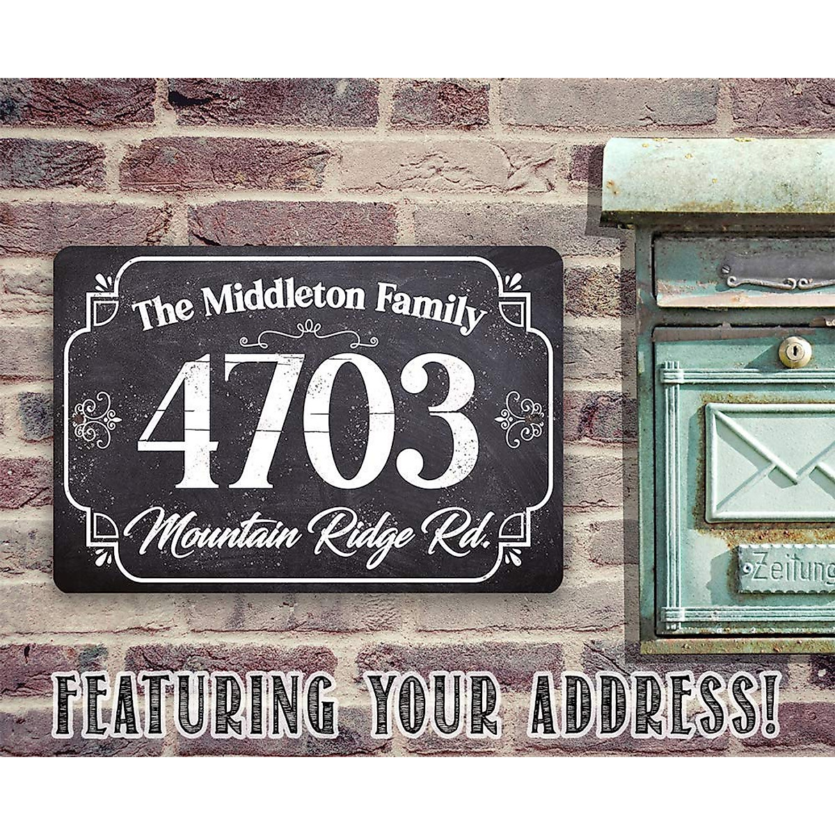 Personalized House Number Sign - Rectangular House Number for Outside, Custom Address Numbers Street Name Yard Plaque Sign, Great Housewarming Gift, Chalkboard Look, Metal Outdoor Signage