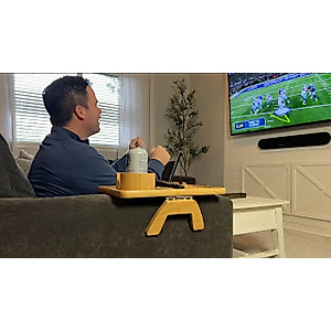 Fabsome Bamboo Couch Arm Tray, TV Dinner Tray for Sofa Loveseats with Cup Holder Phone Tablet Holder, Clip on Armrest Side End Table Replacement for Meal Drink Remote Glasses, with Raised Edges