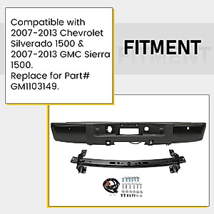 KUAFU Rear Step Bumper Compatible with 2007-2013 Chevy Chevrolet Silverado GMC Sierra 1500 Replace for GM1103149 W/Sensor Holes & License Plate Light & Bumper Reinforcement Bar Bracket Steel 2Packages