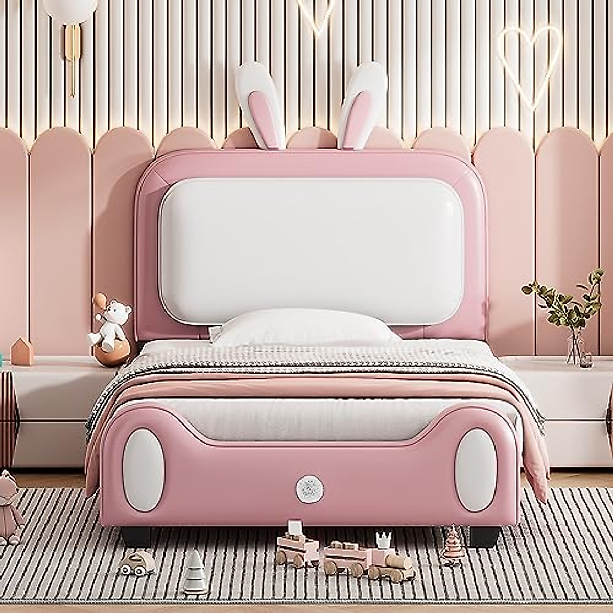 Bellemave Twin Size Upholstered Rabbit-Shape Princess Bed,PU Upholstered Twin Platform Bed with Slat Supports, Kids Twin Size Bed Frame for Boys Girls(White+Pink)