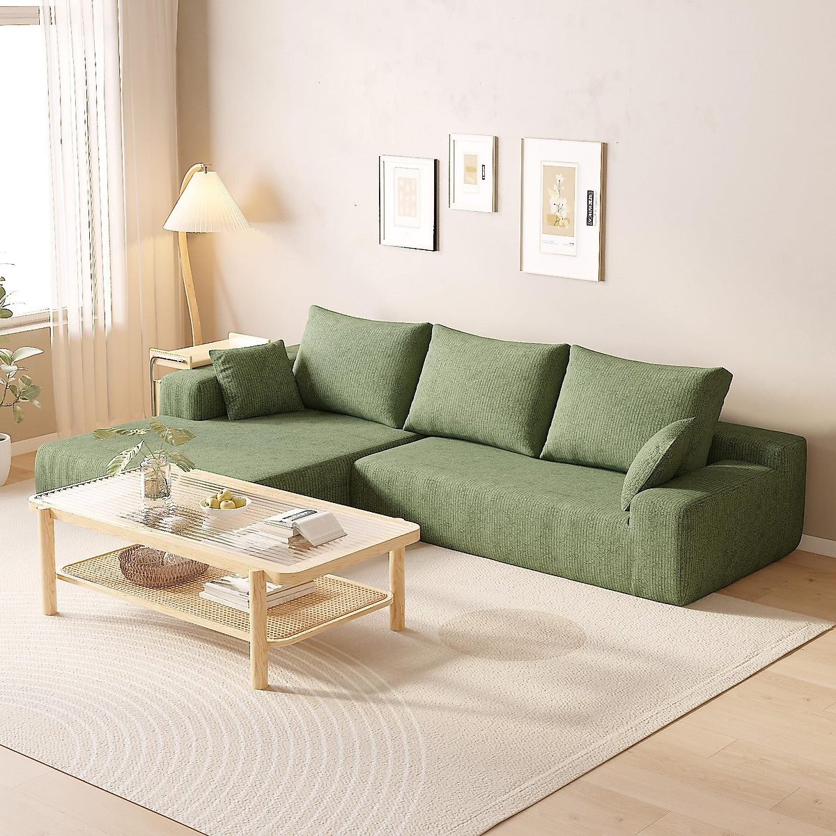 URENTO Compression L-Shape Modern Couches, Modular Sectional Sofa Couches for Living Room,Chenille Corduroy Couches 2 PC Free Combination Furniture Sets (Green)