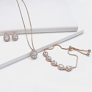 UDYLGOON Zirconia Teardrop Necklace Earrings Bracelet Jewelry Set for Bride Bridesmaid Wedding Party Prom (Rose Gold)