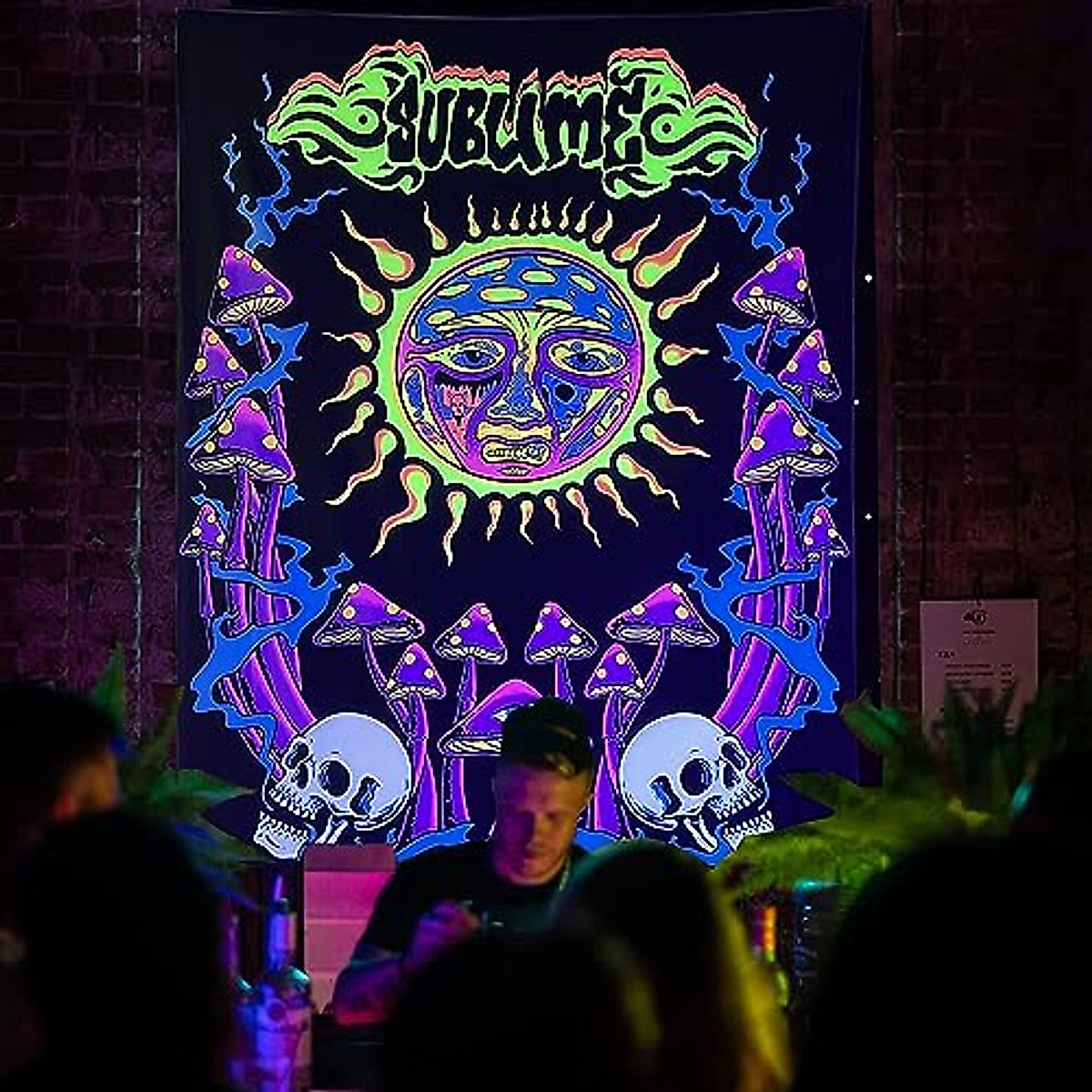 Miytal Blacklight Sun Tapestry, UV Reactive Hippie Aesthetic Mushroom Poster, Skull Vertical Glow in The Dark Tapestry for Bedroom - 44" x 59"