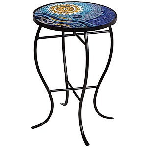 Teal Island Designs Ocean Modern Black Metal Round Outdoor Accent Side Table 14" Wide Blue Mosaic Tile Tabletop Gracefully Curved Legs Front Porch Patio Home House Balcony Deck Shed Yard