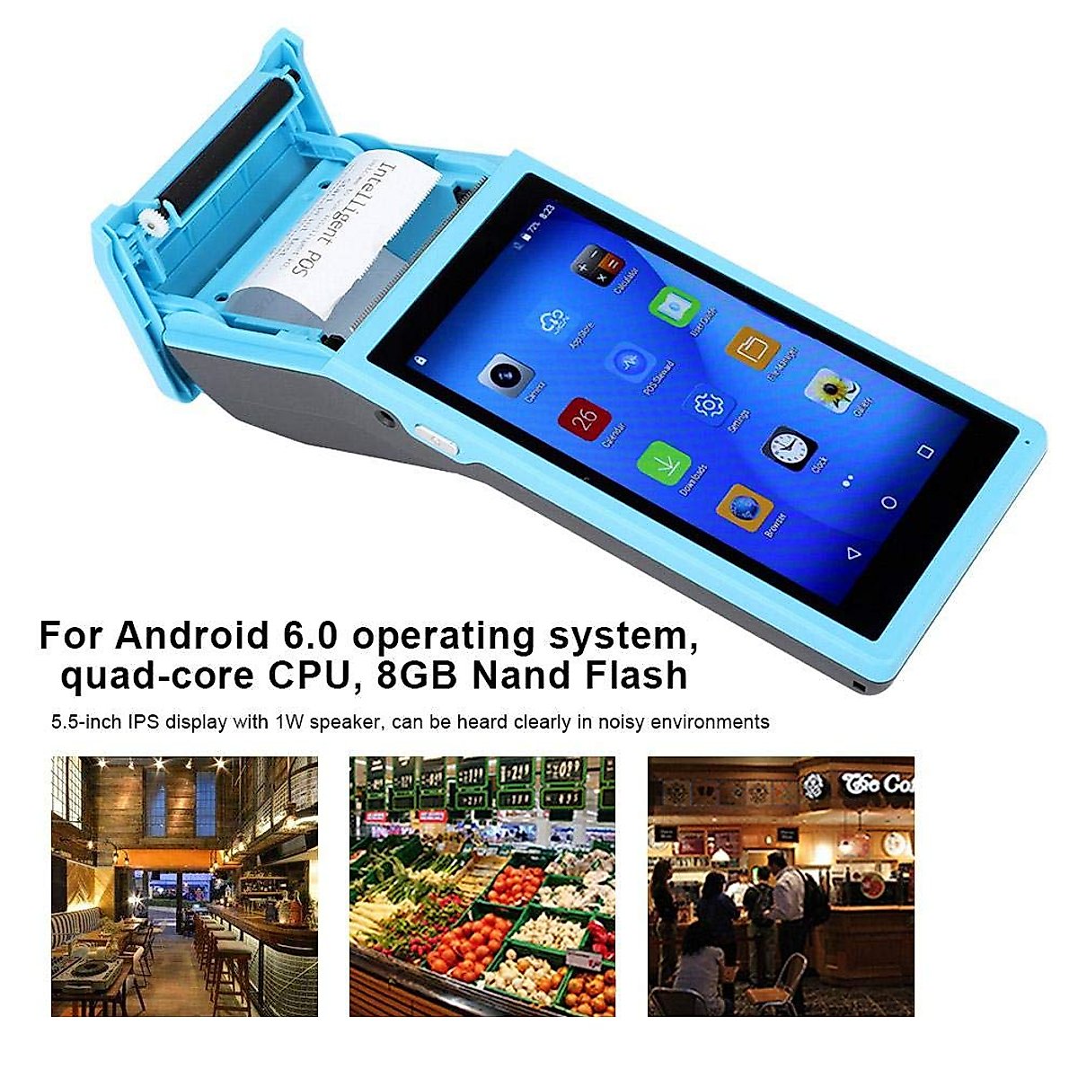 Android POS Terminal Receipt Printer,Handheld Receipt Printers with 5.5- inch Touch Screen support 3G, WIFI, BT3.0 / 4.0 for iBeacon,Quad Core CPU Portable Receipt Print Built-in All-in-One(blue)