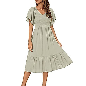 Zattcas Womens Short Flutter Sleeve V Neck Smocked Ruffle Midi Tiered Dress Light Sage S