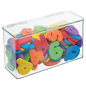 mDesign Plastic Stackable Playroom/Gaming Storage Organizer Bin Box with Hinged Lid for Drawer or Cabinet - Organize Electronics, Crayons, Games, Blocks, Toys, Lumiere Collection - 4 Pack - Clear