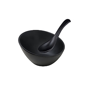 Needzo Melamine Soup Spoon and Pho Large Bowl for Salad Rice or Desserts, Black Durable Kitchen Dish, Dishwasher Safe Utensils