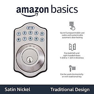 Amazon Basics Traditional Electronic Keypad Deadbolt Door Lock, Keyed Entry Option, Traditional, Satin Nickel