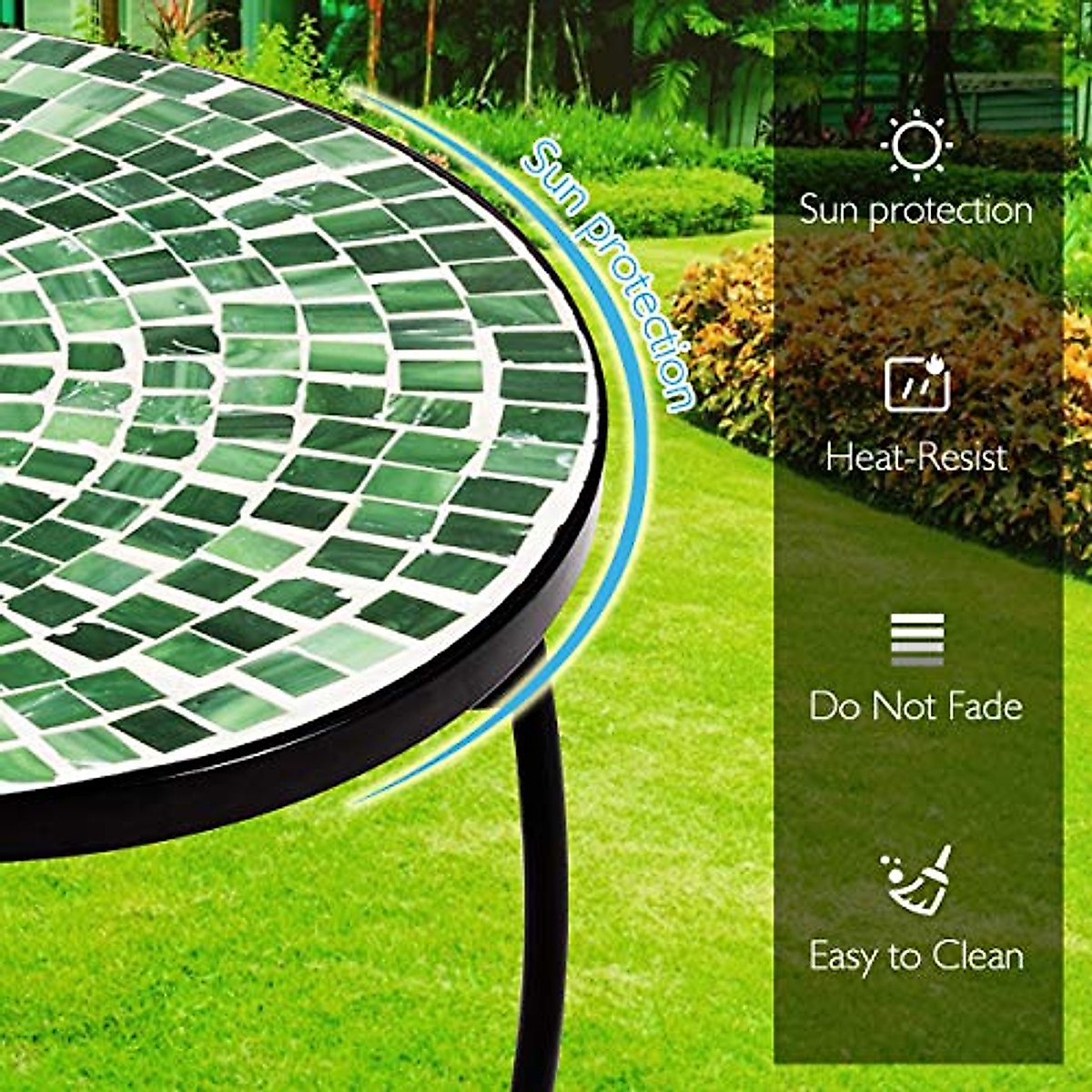 GRAFFY Outdoor Mosaic Side Table, 14 Inch Patio End Table, Round Printed Glass Table with Steel Frame for Garden/Yard/Lawn/Balcony and Home Decor Small End Table (Green)