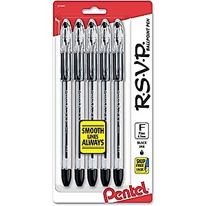 Pentel R.S.V.P. Ballpoint Pen, Fine Line, Black Ink, 5 Pack (BK90BP5A)