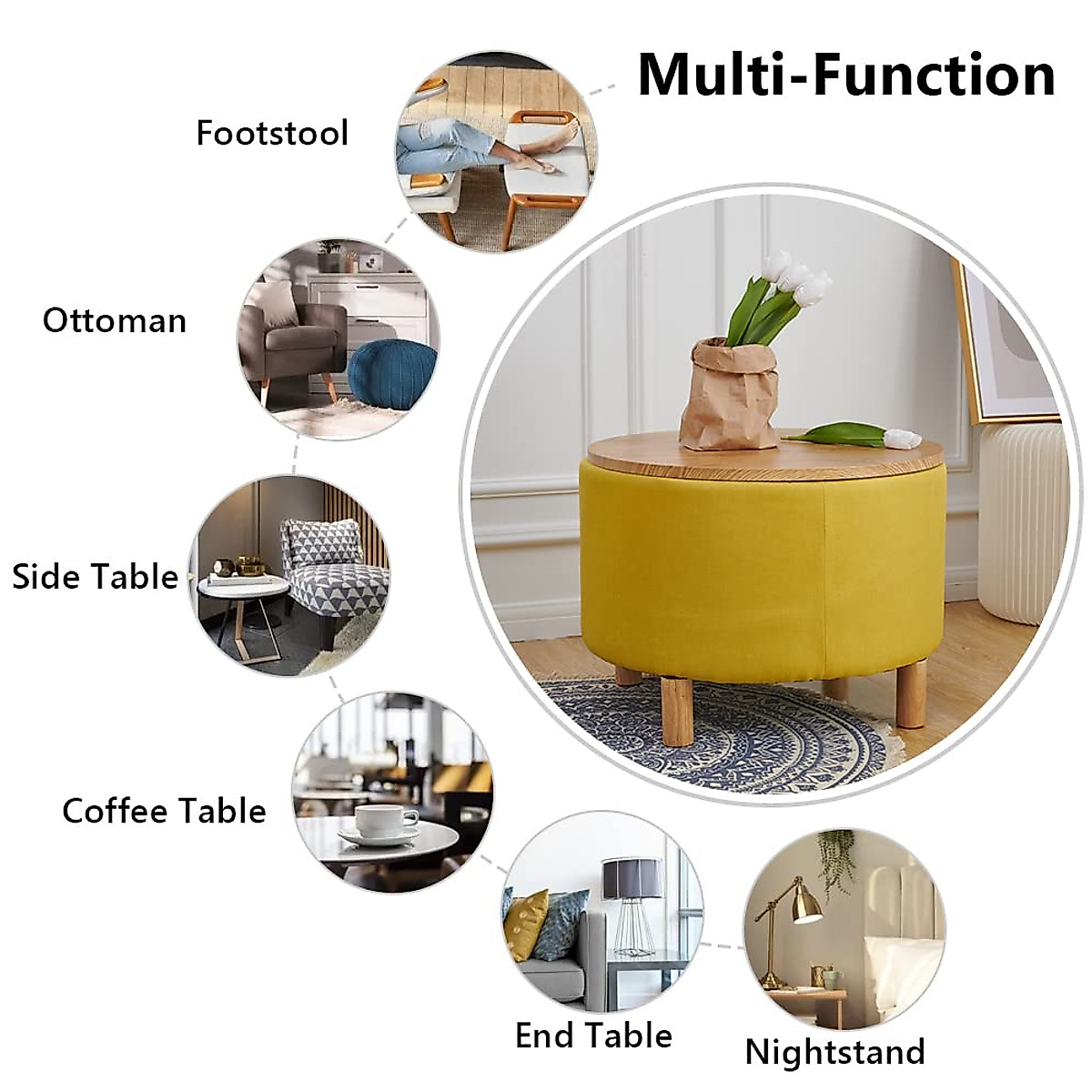Simple&Opulence Modern Round Storage Coffee Table Ottoman for Living Room Bedroom, Accent Drum Side Table, Nightstand, Footstool, Sofa End Table with Wood Lid Tray and Solid Wood Legs (Yellow)