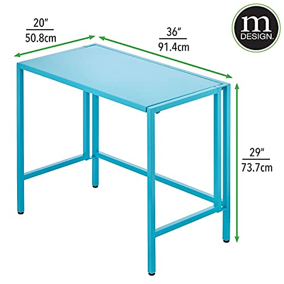 mDesign Folding Desk for Compact Spaces - Collapsible Compact Writing and Computer Workstation Steel Furniture Table for Living Room, Dorm, Home Office, and Bedroom - Ocean Blue