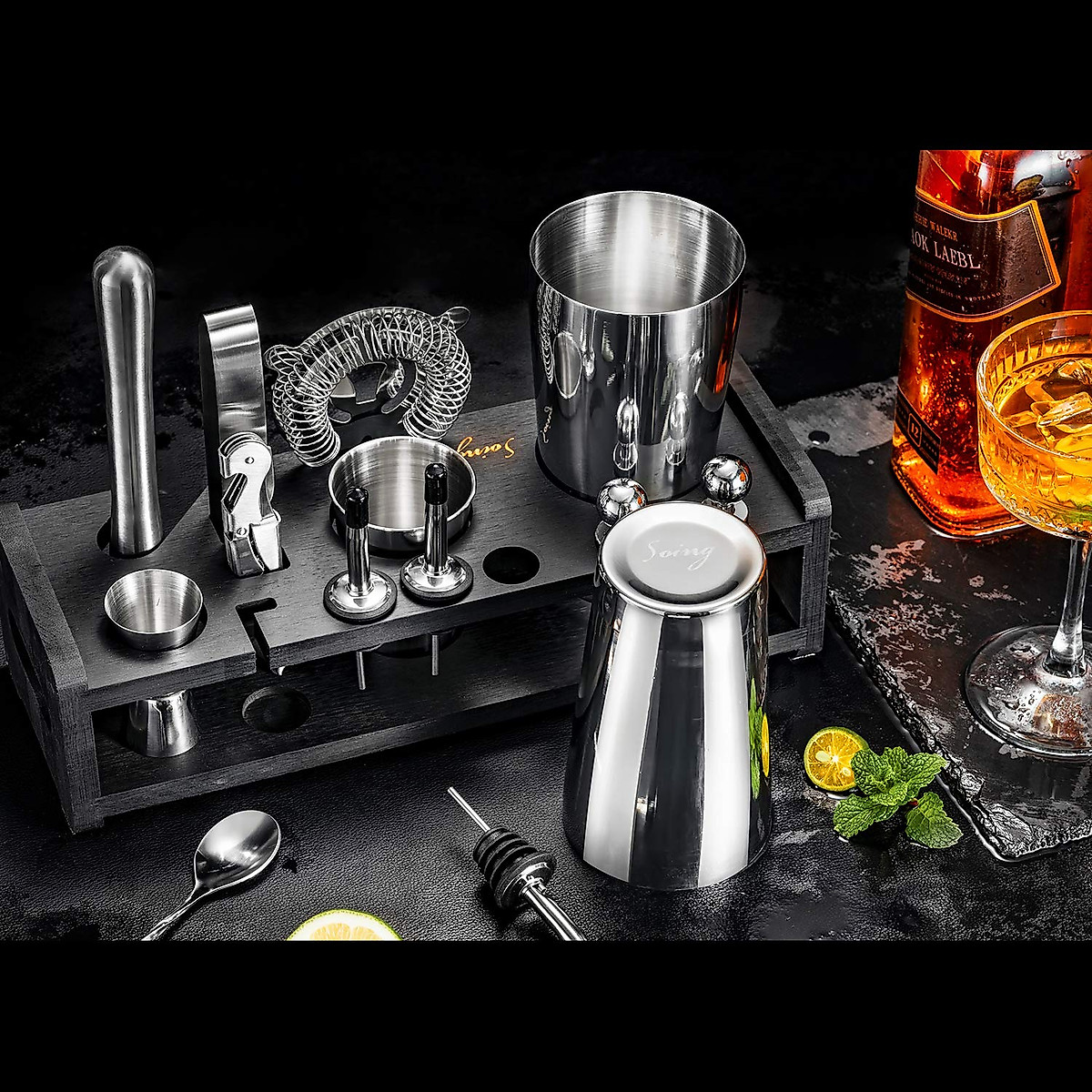 Soing 24-Piece Cocktail Shaker Set,Perfect Home Bartender Kit for Drink Mixing,Stainless Steel Bar Tools with Stand,Velvet Carry Bag & Recipes Cards Included (Silver)