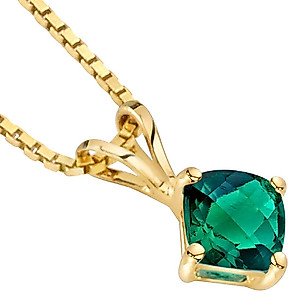 PEORA 14K Yellow Gold Created Emerald Pendant for Women, Classic Solitaire, 0.75 Carat, Cushion Cut, 6mm, AAA Grade
