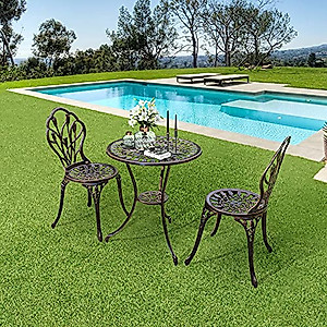 KINWELL Bronze 3-Piece Aluminum Round Outdoor Bistro Set with Umbrella Hole, Rust-Resistant Cast Aluminum Patio Set with Garden Table and Chairs