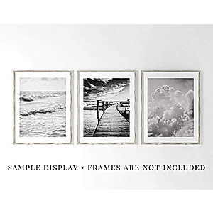 LISA RUSSO FINE ART Black and White Wall Art Set of 3 5x7” Prints, Unframed, Black and White Minimalist Ocean, Clouds, Nautical Pictures for Office, Bedroom, Bathroom Walls
