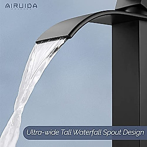 Airuida Vessel Sink Faucet Matte Black, Tall Waterfall Bathroom Faucet, Single Handle One Hole Mixer Bowl Tap with Large Rectangular Spout, Bar Sink Faucet Lavatory Vanity