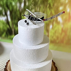 Airplane Wedding Cake Topper with Custom banner Mr. & Mrs. Cute unique honeymoon figurines at the helm of the plane