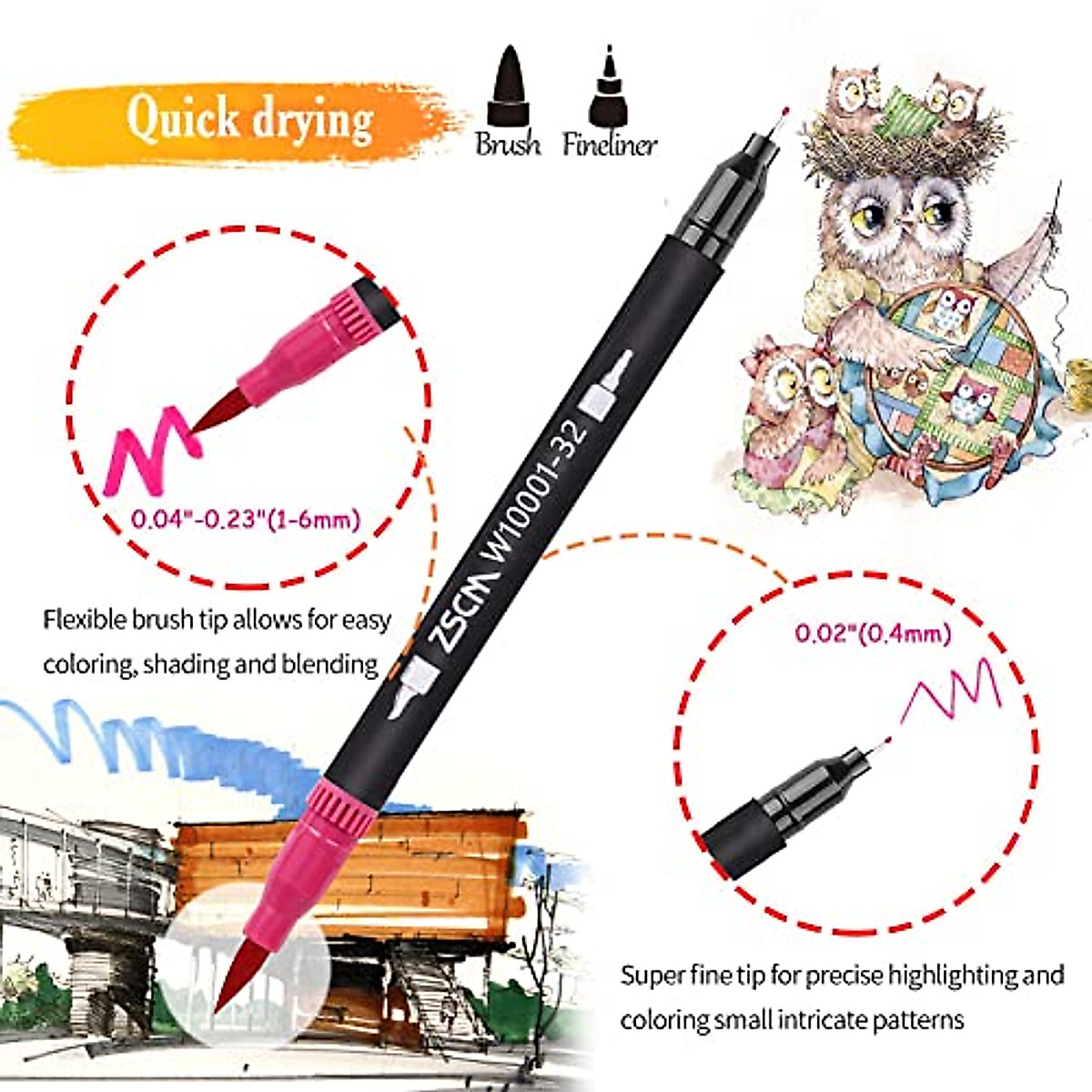 ZSCM 32 Colors Duo Tip Brush Markers Art Pen Set, Artist Fine and Brush Tip Colored Pens, for Kids Adult Coloring Books Christmas Cards Drawing, Note taking Lettering Calligraphy Bullet Journaling