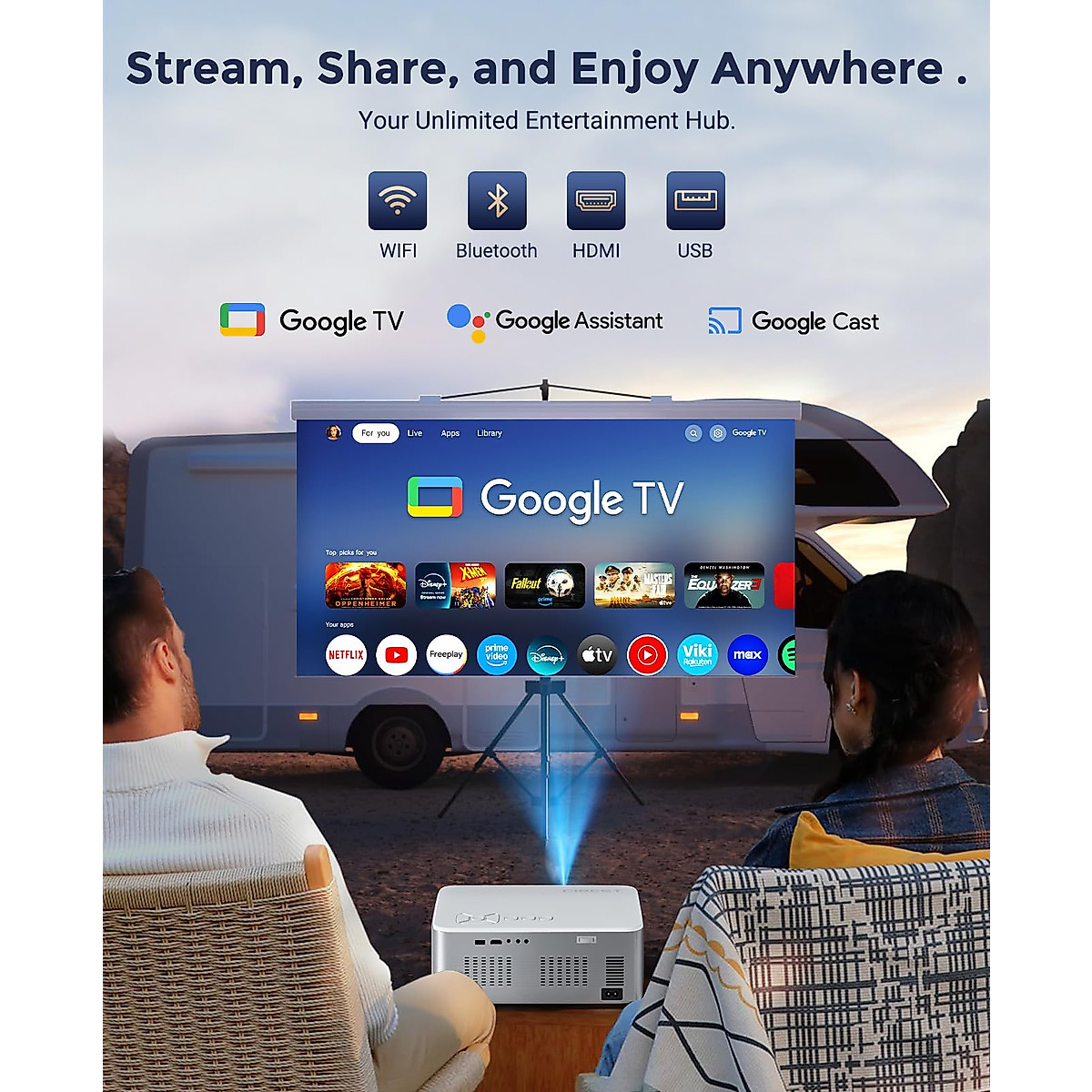 4K Support Android TV 10.0 Projector 5G WiFi Bluetooth Native 1080P, CIBEST Full-Sealed Optical Engine Home Movie FHD Projector with Netflix/Prime Video Built-in, 8000+ Apps, Autofocus, Stereo Sound