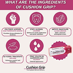 Cushion Grip Thermoplastic Denture Adhesive, 1 oz - Secure Loose-Fitting Upper and Lower Dentures and Partials | Non-Glue Adhesive, Acts Like a Soft Reliner (Pack of 10)