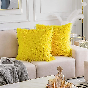 Home Brilliant Yellow Fur Pillow Covers Furry Fuzzy Accent Throw Pillow Covers Decorative for Couch Sofa Bed Summer Decoration Girl Gift, Set of 2 (18 x 18 Inch, Yellow)