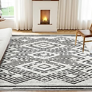 Syalife Boho Area Rug, Non Shedding 8x10 Washable Rug with Non Slip Backing, White and Black Modern Geometric Carpet, Indoor Bohemian Rug for Living Room Entryway Bedroom Kitchen - White, Black