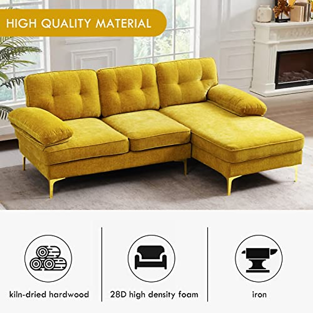 LANELIFE 79" W 3-Seat Sofa, L Shaped Sectional Sofa Bed,with Extra Wide Chaise Lounge and Gold Legs, Chenille Couch for Living Room, Apartment and Small Space (Golden)