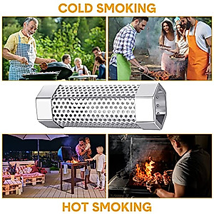4 Pcs Pellet Smoker Tube 6 Inches Stainless Steel Perforated BBQ Wood Pellet Tube Smoker with 8 Hooks and 4 Brushes for Cold/hot Smoking Cheese, Pork, Fish, Nuts, Beef