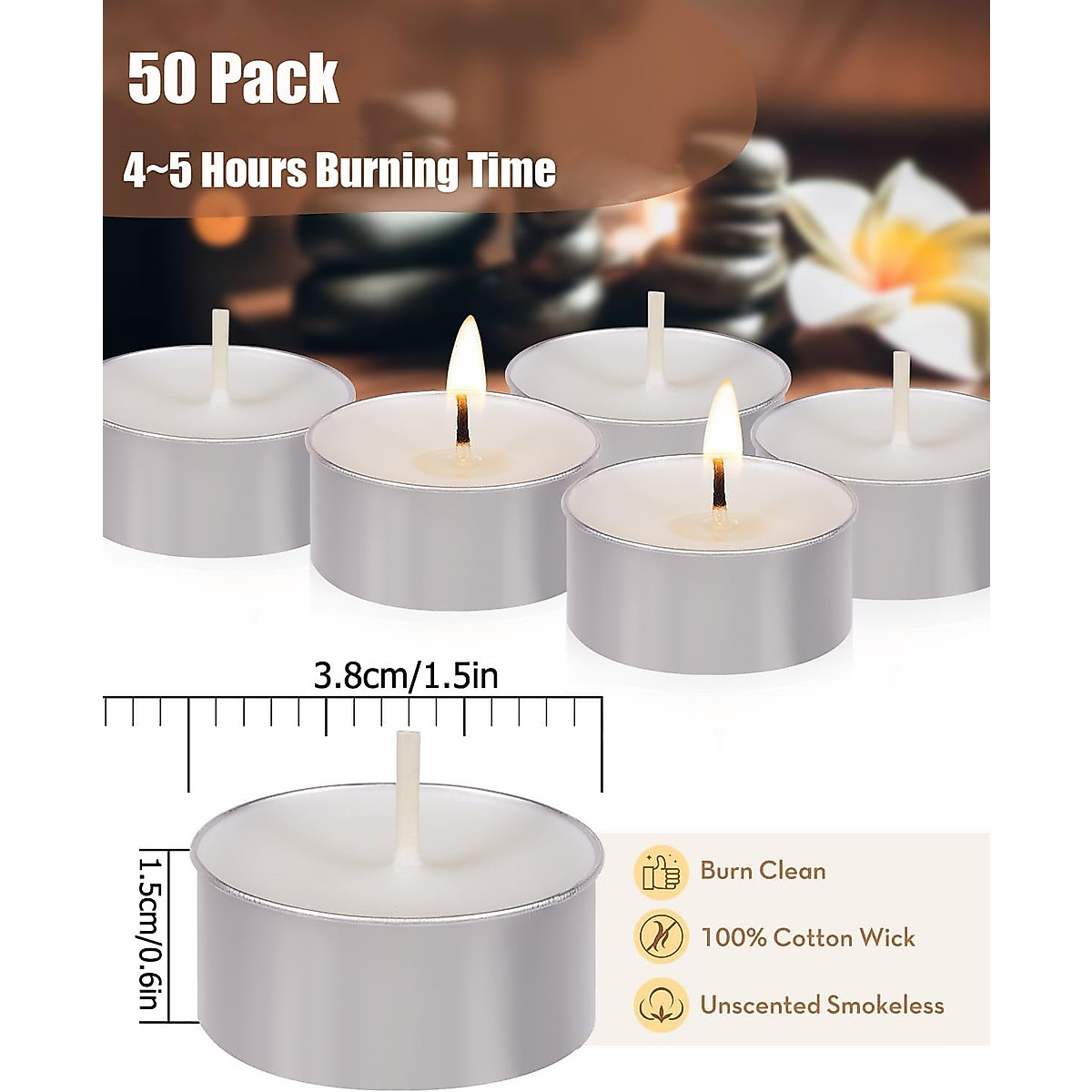 50 Packs Tea Light Candles, 4.5 Hours Burning Time, Unscented & Smokeless Mini Votive Candles, Soft Light Tealight, Small Tea Candle for SPA Relax Romantic Decor, White