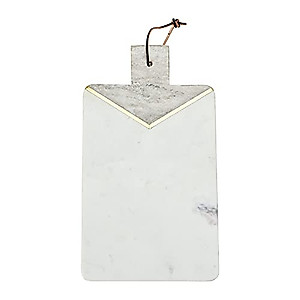 Boho 2-Tone Marble Charcuterie or Cutting Board with Brass Inlay and Leather Tie, Gray and White