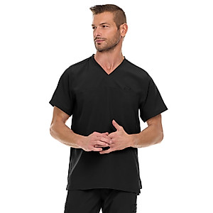 MediChic Men's V-Neck Hi-Low Top with One Chest Pocket and Mesh Gusset, Black, Size Large