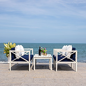 SAFAVIEH PAT7031A Collection Nunzio Teak and White and Navy 4 Pc Accent Pillows Outdoor Set