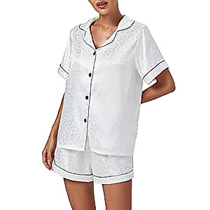 Vrtige Women's Silk Satin Pajamas Leopard Print Button Down Short Sleeve and Shorts Pj Sets White Small