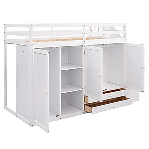 BIADNBZ Functional Twin Size Loft Bed with 3 Shelves, 2 Wardrobes and 2 Drawers,Wooden Bedframe with Storage Stairs for Teens/Bedroom,White