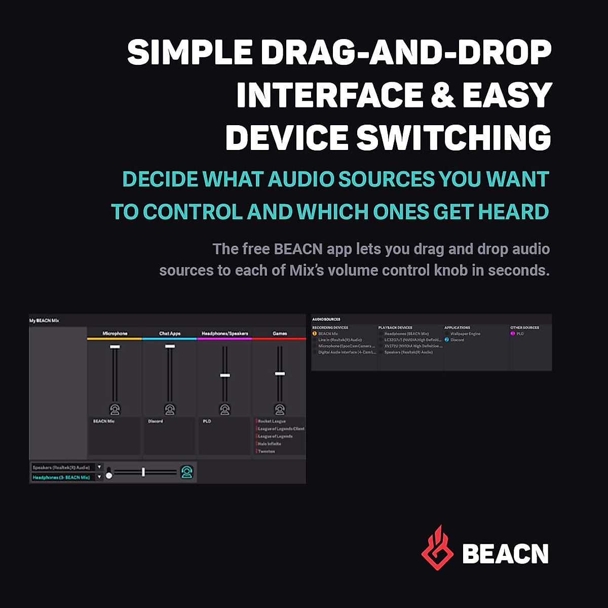 BEACN Mix USB C Audio Controller | Windows and MacOS Audio Mixer for Gaming or Work| 4-Channel Audio Control with 5" Full-Color Display & Precision Knobs | Drag-and-Drop Customization (Dark)